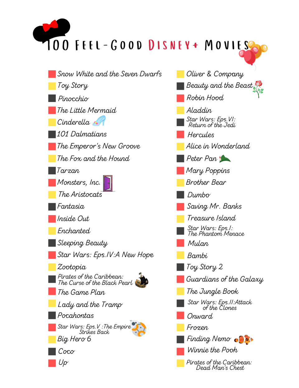 100 Feel Good Disney+ Movies | Free Printable Checklist