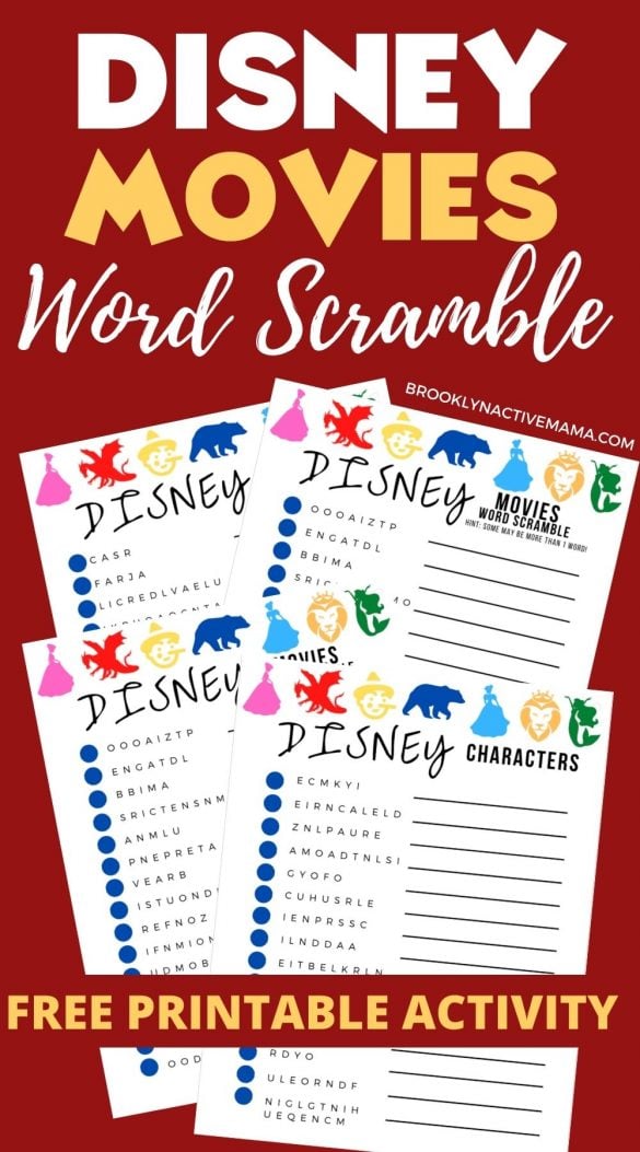 Free Disney Word Scramble Printable (4 Sheets + Answer Keys)